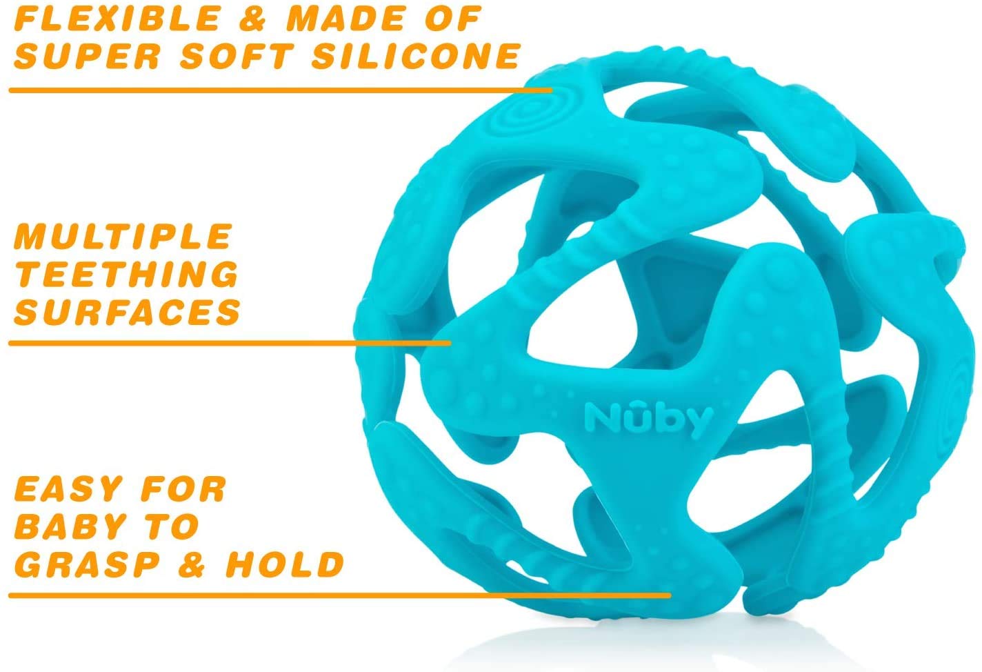 Nuby 100% Silicone Tuggy Teether Ball, 6 Months +, Colors May Vary 1 Count (Pack of 1)