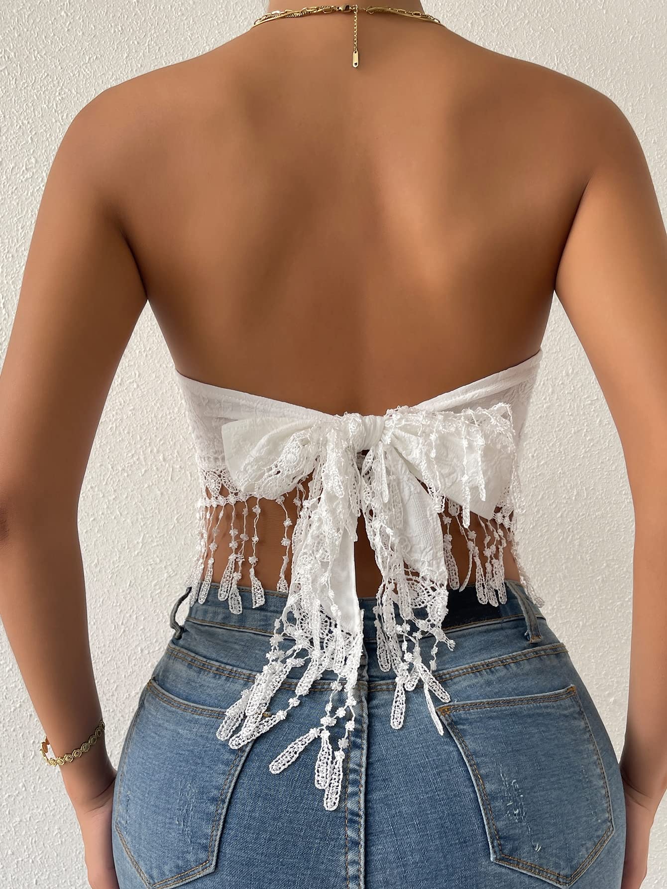 Womens Tops Jacquard Guipure Lace Fringe Hem Tie Back Crop Tube Top (Color : White, Size : Small)