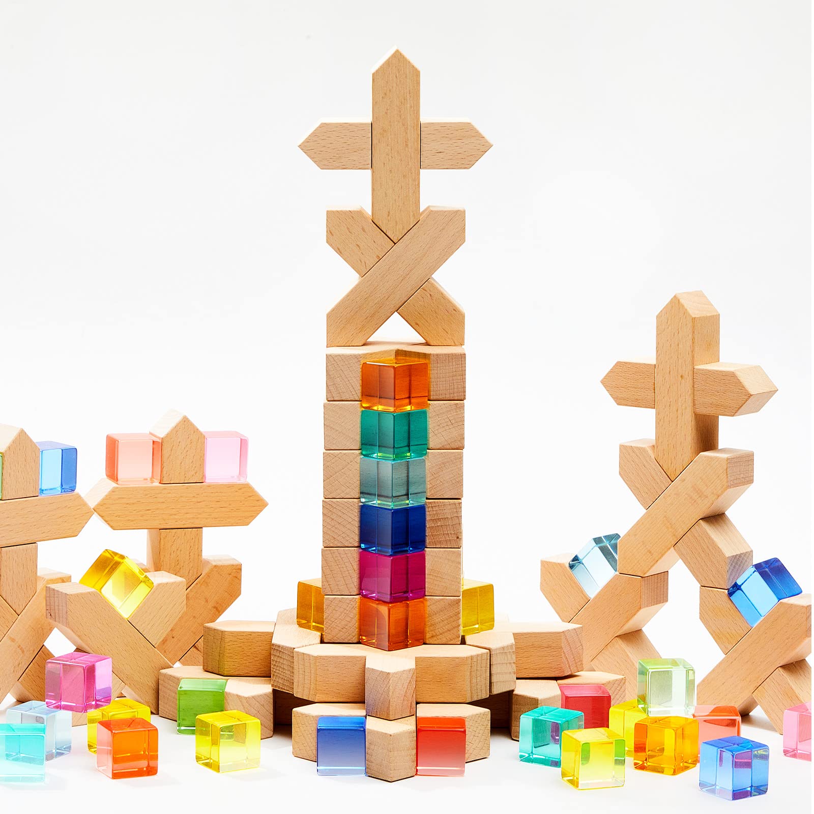 Wood Rainbow Building Blocks Set 60 Pcs Rainbow Acrylic Gem Cubes Blocks 32 Pcs X Shaped Wood Building Blocks Preschool Colorful Learning Educational Rainbow Stacking Toy for toddlers with Storage Box