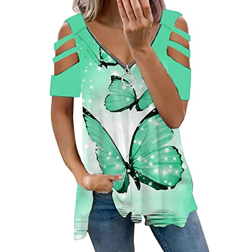 Womens V Neck Zip Off Shoulder Top Butterfly Print T Shirt Short Sleeves