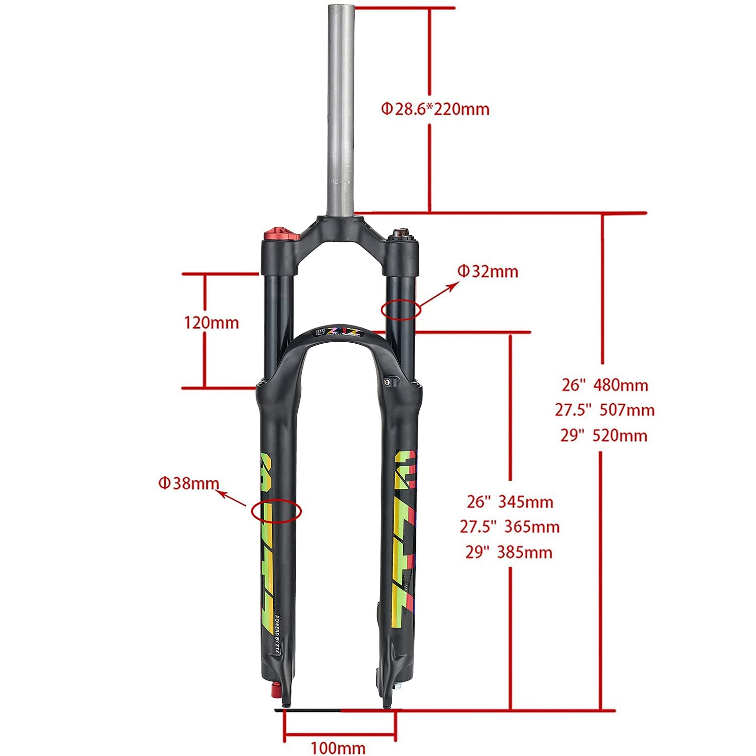 ZTZ MTB Fork Mountain Bicycle Suspension Forks, 26/27.5/29 inch MTB Bike Front Fork with Rebound Adjustment, 100mm Travel 28.6mm QR 9mm (27.5“)