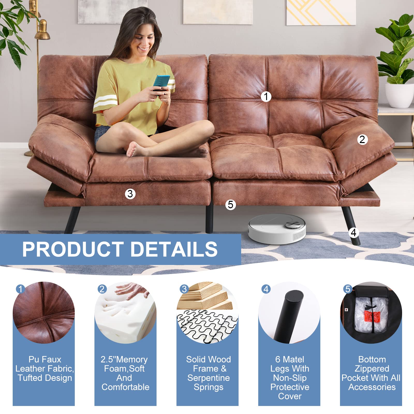 MUUEGM Futon Sofa Bed,Memory Foam Modern Convertible Couch Bed,Folding Futon Sleeper Couch with Compact Living Space,Apartment,Dorm,Bonus Room,71" D x 33" W x 31.5" H,Black