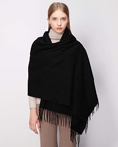 RIIQIICHY 100% Wool Scarf Pashmina Shawls and Wraps for Women Cashmere Warm Winter More Thicker Soft Scarves Black
