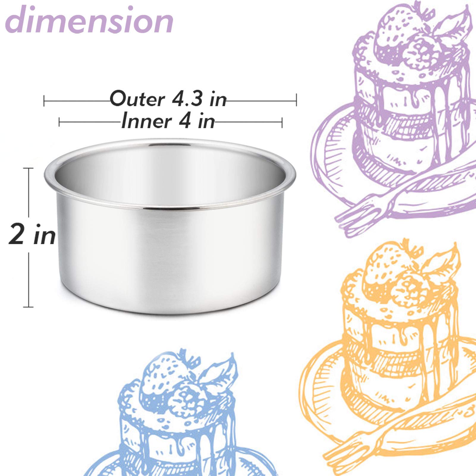 TeamFar 4 Inch Cake Pan, 4 Pcs Mini Cake Pan Round Tier Baking Cake Pans Set Stainless Steel, For Baking Steaming Serving, Healthy & Sturdy, Mirror Finish & Dishwasher Safe