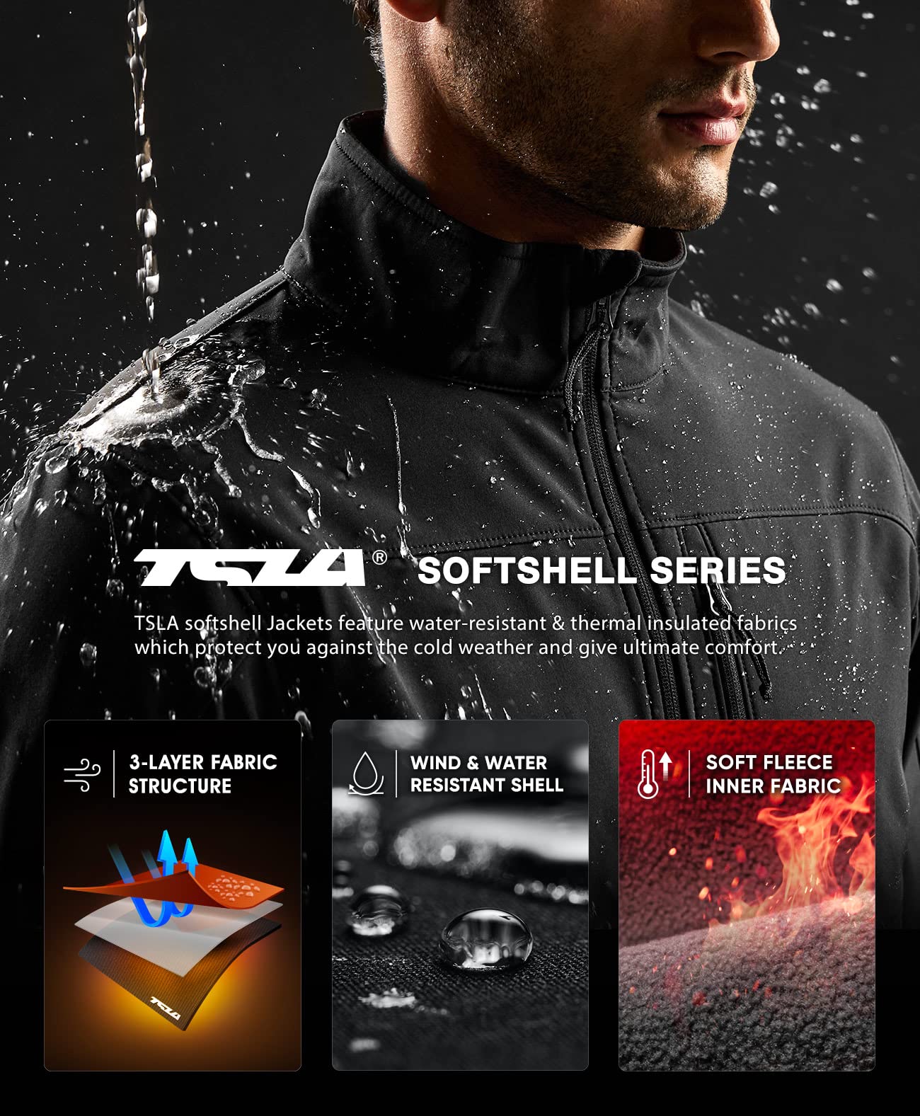 TSLA Men's Full-Zip Softshell Winter Jacket, Waterproof Fleece Lined Athletic Jacket, Outdoor Sport Windproof Jackets, Softshell Black, Medium