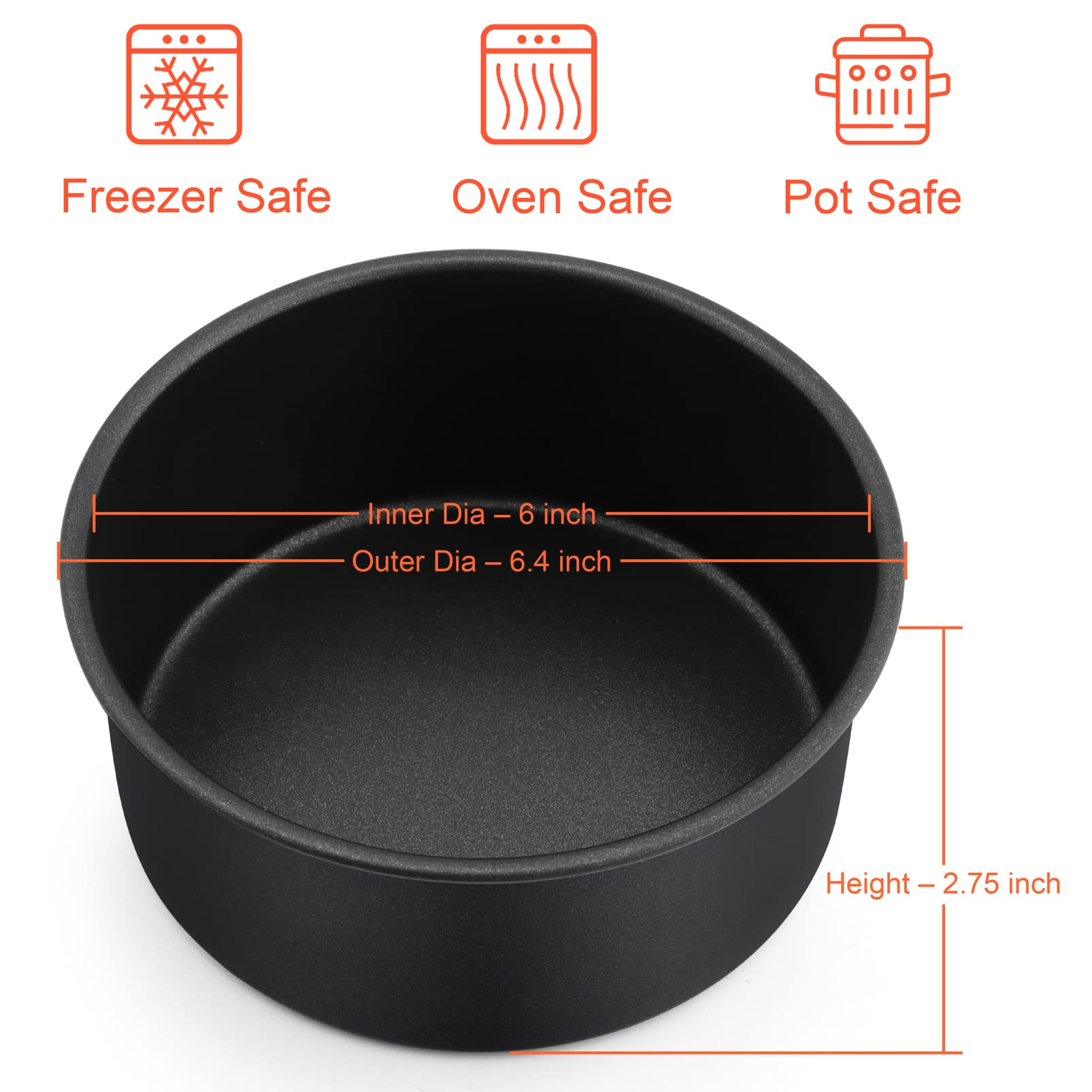 TeamFar Cake Pan, 6’’ x 2.75’’ Coated Birthday Wedding Cake Pan Round Baking Pans, with Stainless Steel Core & Non-stick Coating, Toxic Free, Oven Safe & Anti-melt, Deep Straight Side – Set of 2