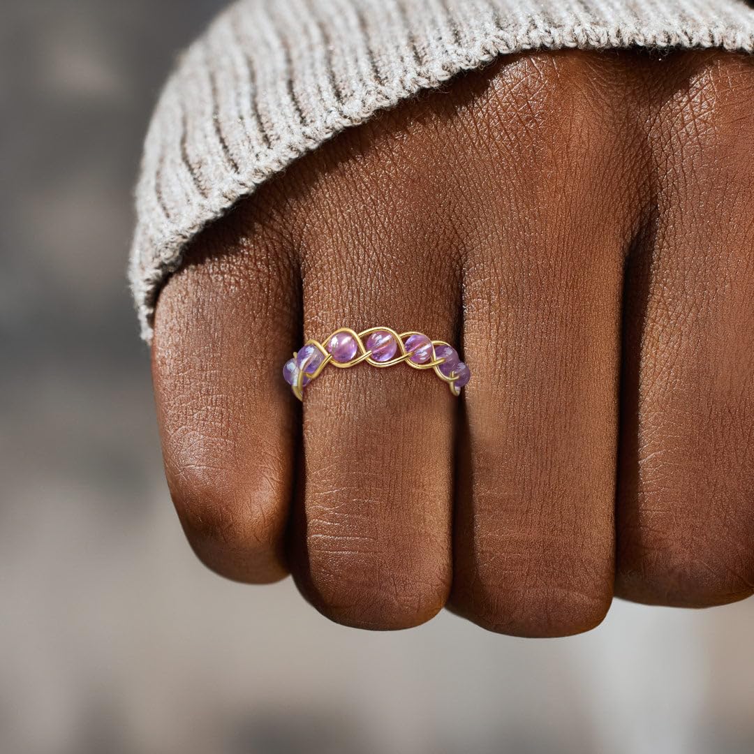 Tsnamer Carnelian Crystal Ring, Handmade Wire Wrap Beaded Braided Real Carnelian Crystal Ring, Healing Crystal Gold Rings for Women Eternity Bands for Women Statement Stackable Ring (Carnelian-Gold-7)