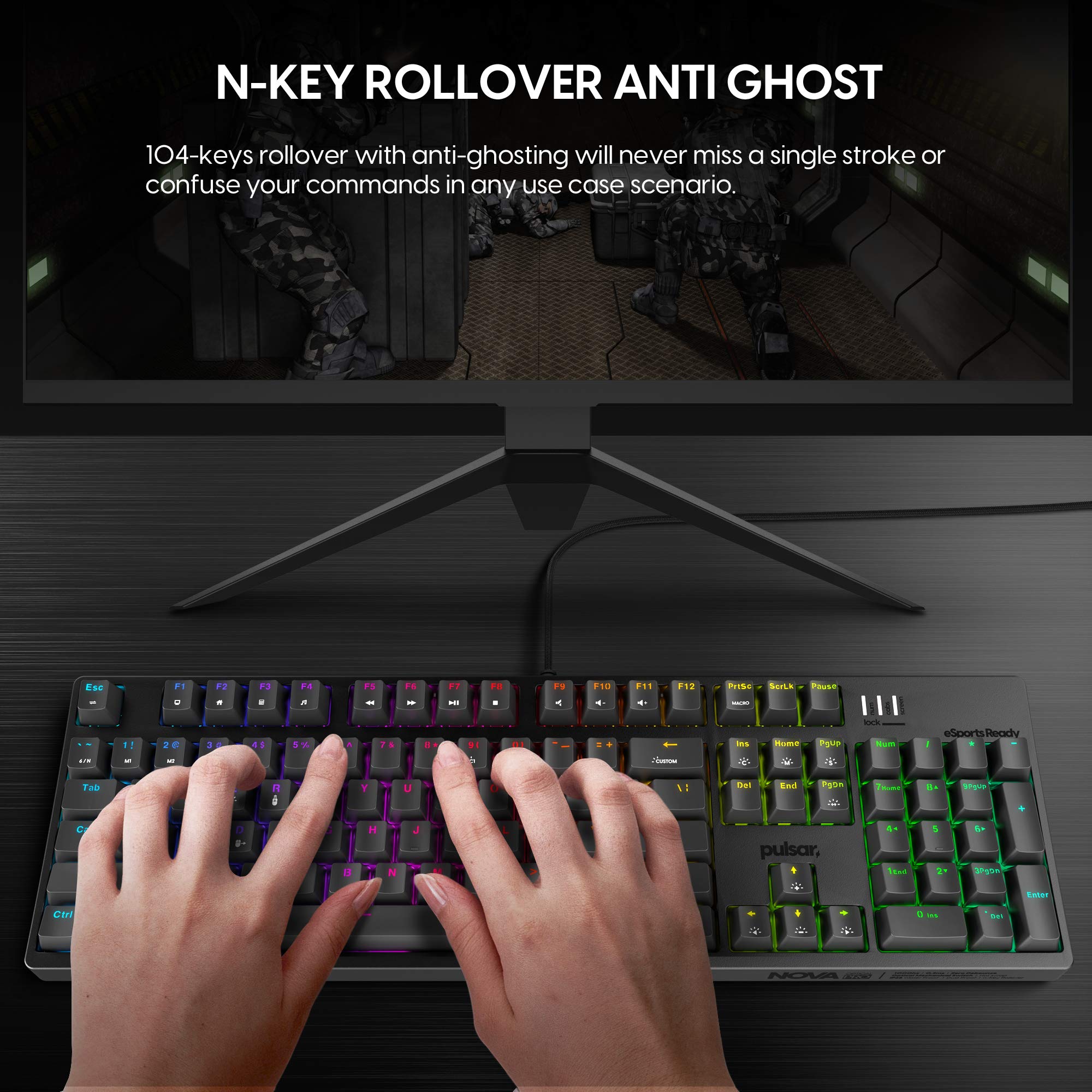 Pulsar Gaming Gears - PK101 Nova Optical PRO eSports Level Hot Swappable Super Fast Optical Mechanical Gaming Keyboard - 0.1ms Lag Free Waterproof RGB Backlit USB 104 Keys (Blue Clicky Optical Switch)