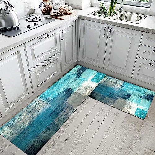 TOMWISH Turquoise Kitchen Rug 2PCS Anti-Fatigue Floor Mat Abstract Non Slip Kitchen Rugs and Mats Waterproof PVC Ergonomic Comfort Standing Mat Kitchen Rugs and Runner Sets for Kitchen,Sink,Laundry