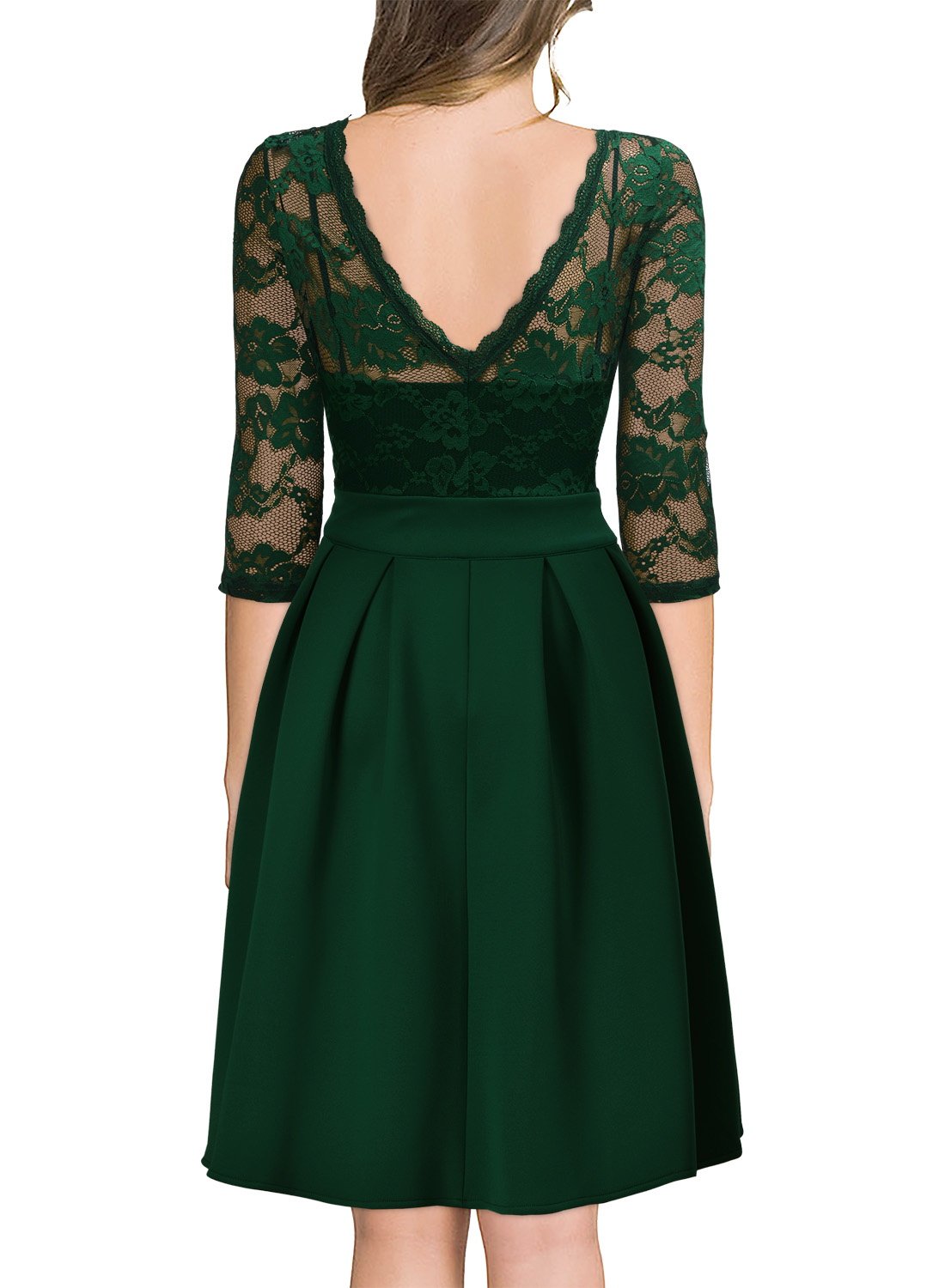 Miusol Women's Vintage Floral Lace 2/3 Sleeve Cocktail Party Swing Dress, Dark Green, Large