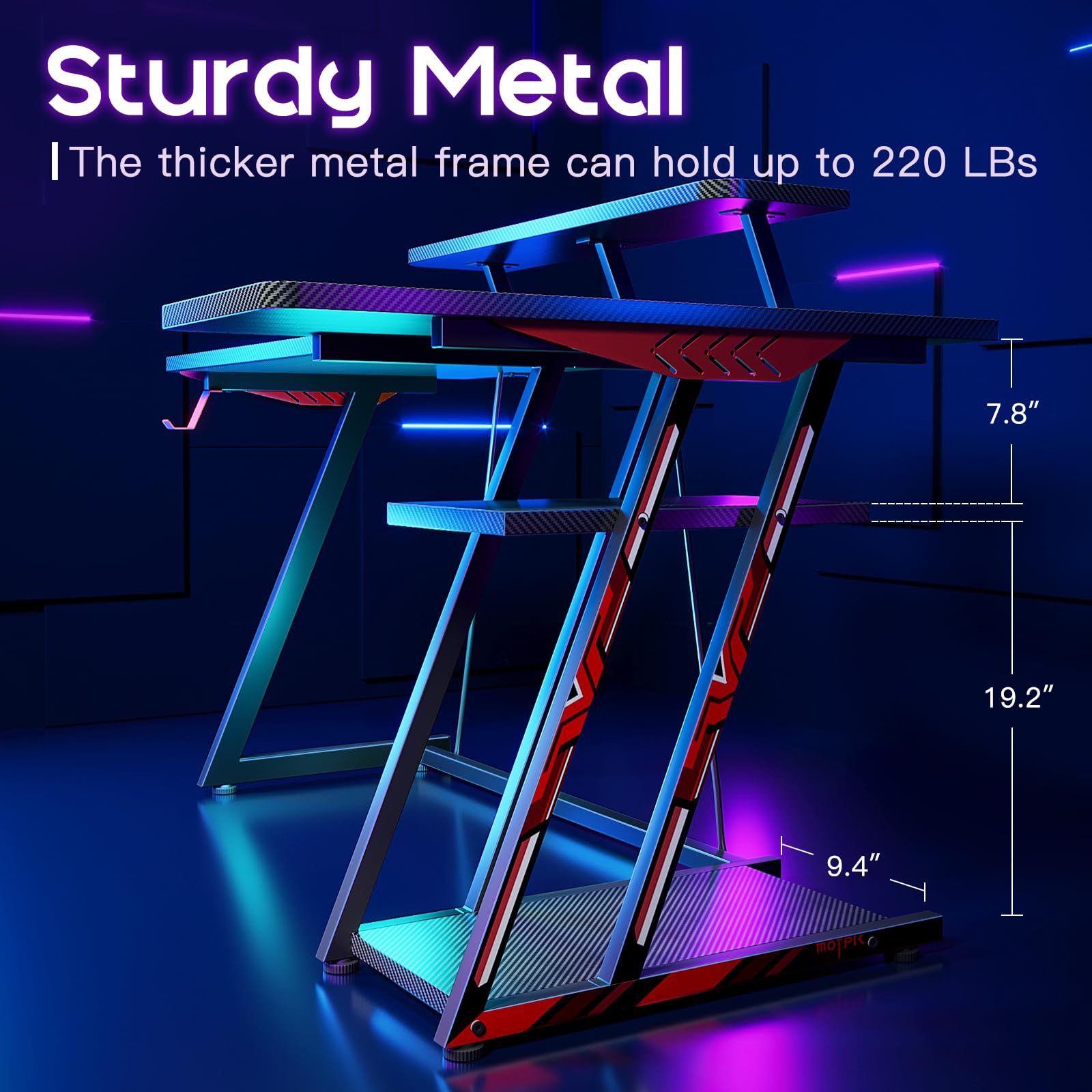 MOTPK L Shaped Gaming Desk with Led Lights, Small Corner Gaming Desk with Storage Shelf & Power Outlets, Computer Desk with Carbon Fiber Texture, 47 Inch, Black