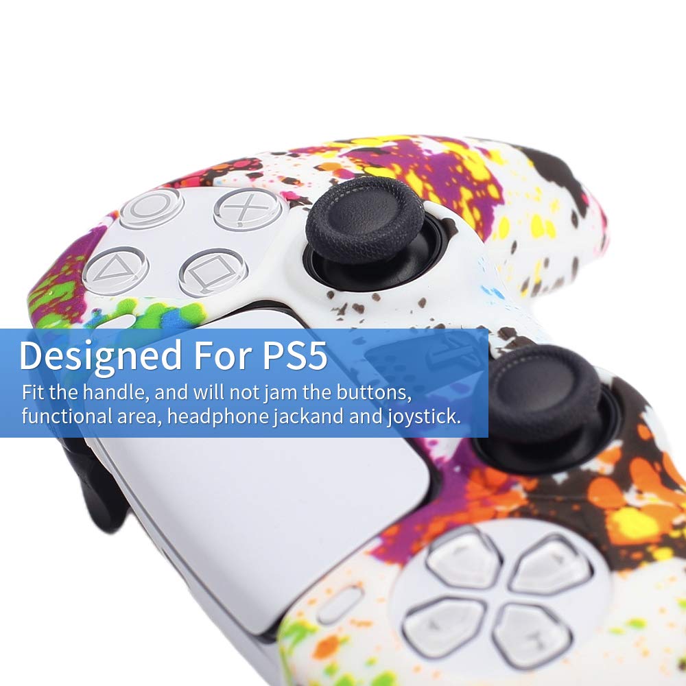 Skin Cover for Sony PS5 Dualsense Controller, White Silicone Protecte Case Printing Cool Art Spots, with Pro Thumb Grips x 12