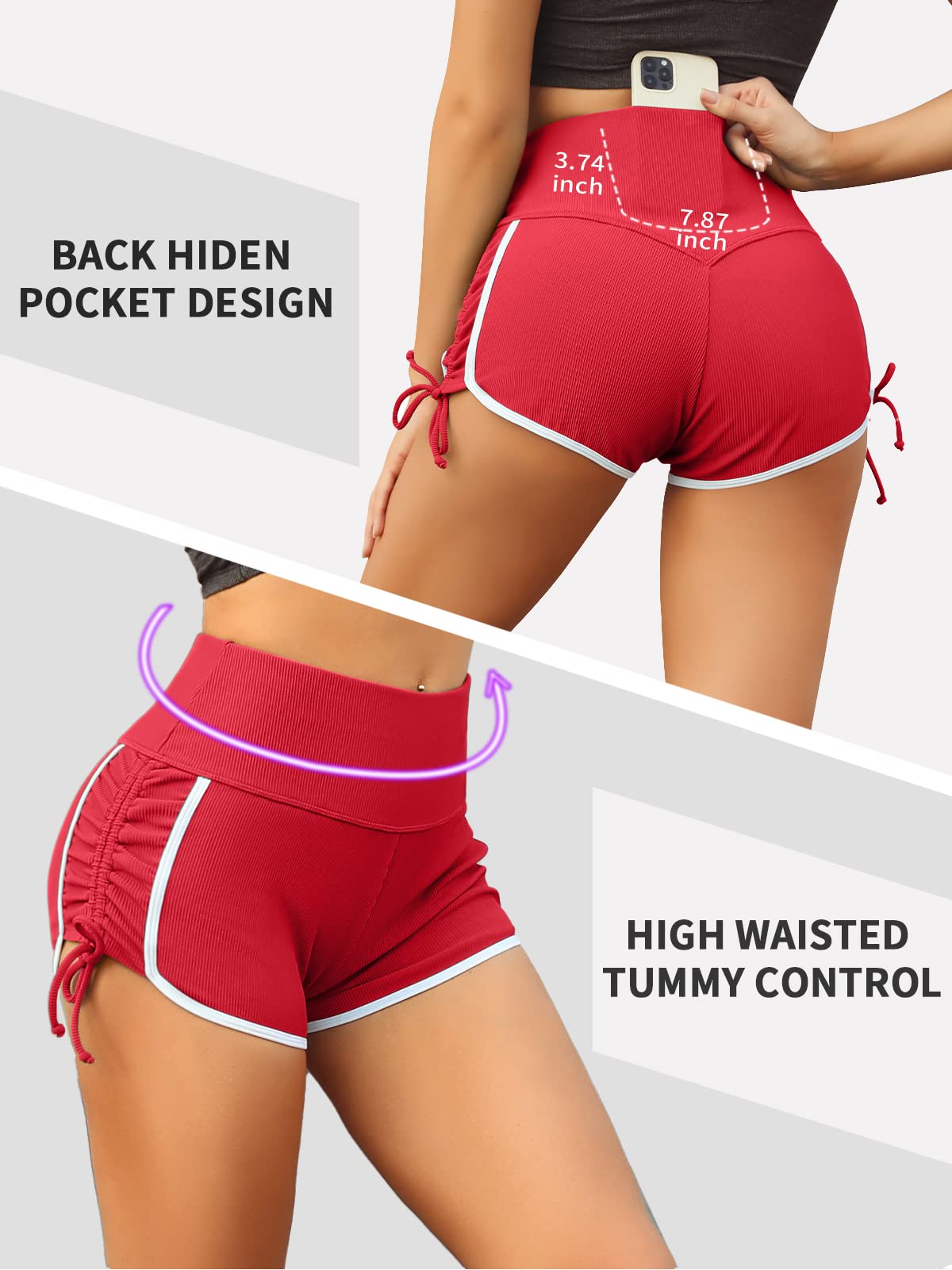 V FOR CITY Workout Shorts for Women High Waist with Pocket Ruched Side Drawstring Running Yoga Gym Athletic Short Pants Red