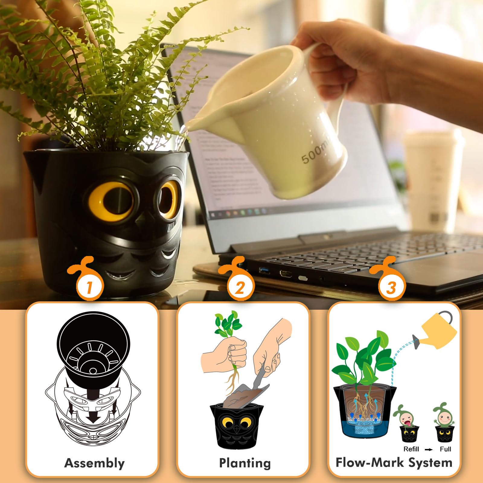 Restmo 3 Pack Plant Pots, 5β Self Watering Planters for Indoor Plants, Plastic Flower Pots with Owl Eye Water Level Indicator, for House Plants, African Violet, Succulents, Monstera, Dark Black
