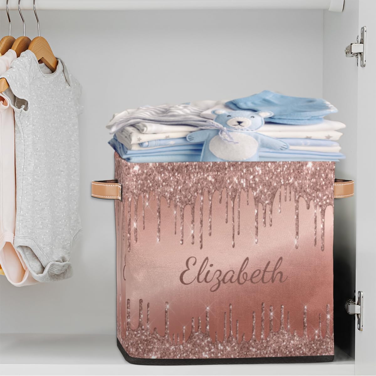 RIRIX Personalized Storage Bin, Custom Storage Baskets for Organizing with Handles, Foldable Storage Box for Closet Cloth Baskes Toy Rose Gold Dripping Glitter