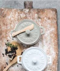 White Camembert Baker and Brie Baker with Cookbook. Brie Cooker comes with Spatula, Lid, Base and Cookbook. Brie Baking Dish is Microwave, Dishwasher and Oven Safe by Christina Home Designs.