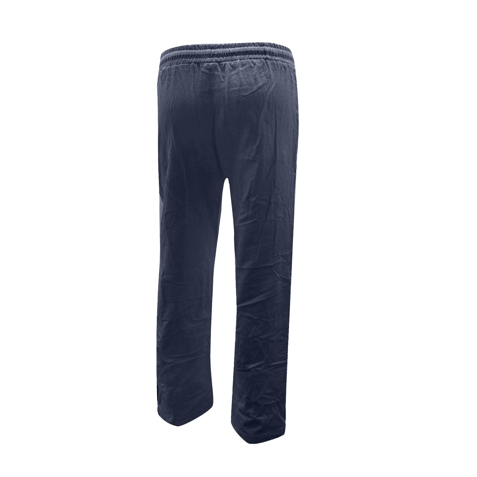 YangqiGY Womens Casual Pants Straight Solid Elastic Long Drawstring Linen Waist Wide Leg Yoga Navy #1 X-Large