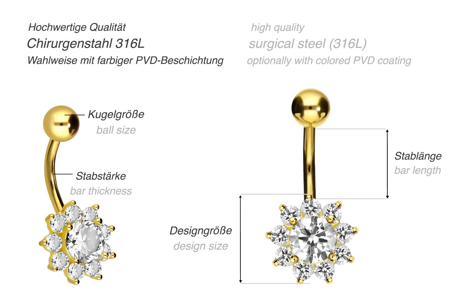 PIERCINGLINE 316L Surgical steel belly button ring with brass design FLOWER 14G Navel Ring Belly Piercing