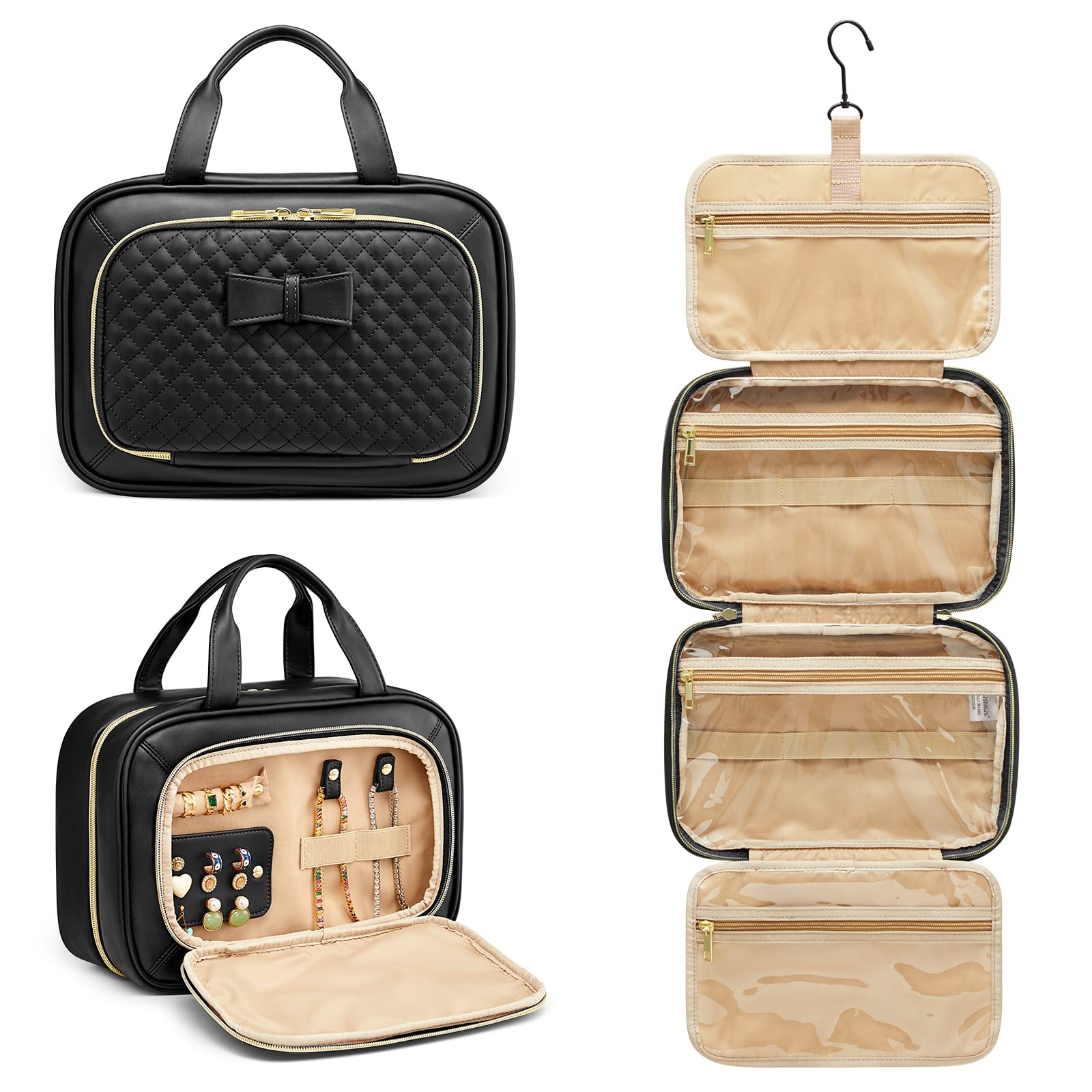 Newshows Leather Travel Toiletry Bag for Women with Jewelry Organizer Compartment, Large Makeup Cosmetic Bag with Hanging Hook, Travel Essentials, Full Sized Container