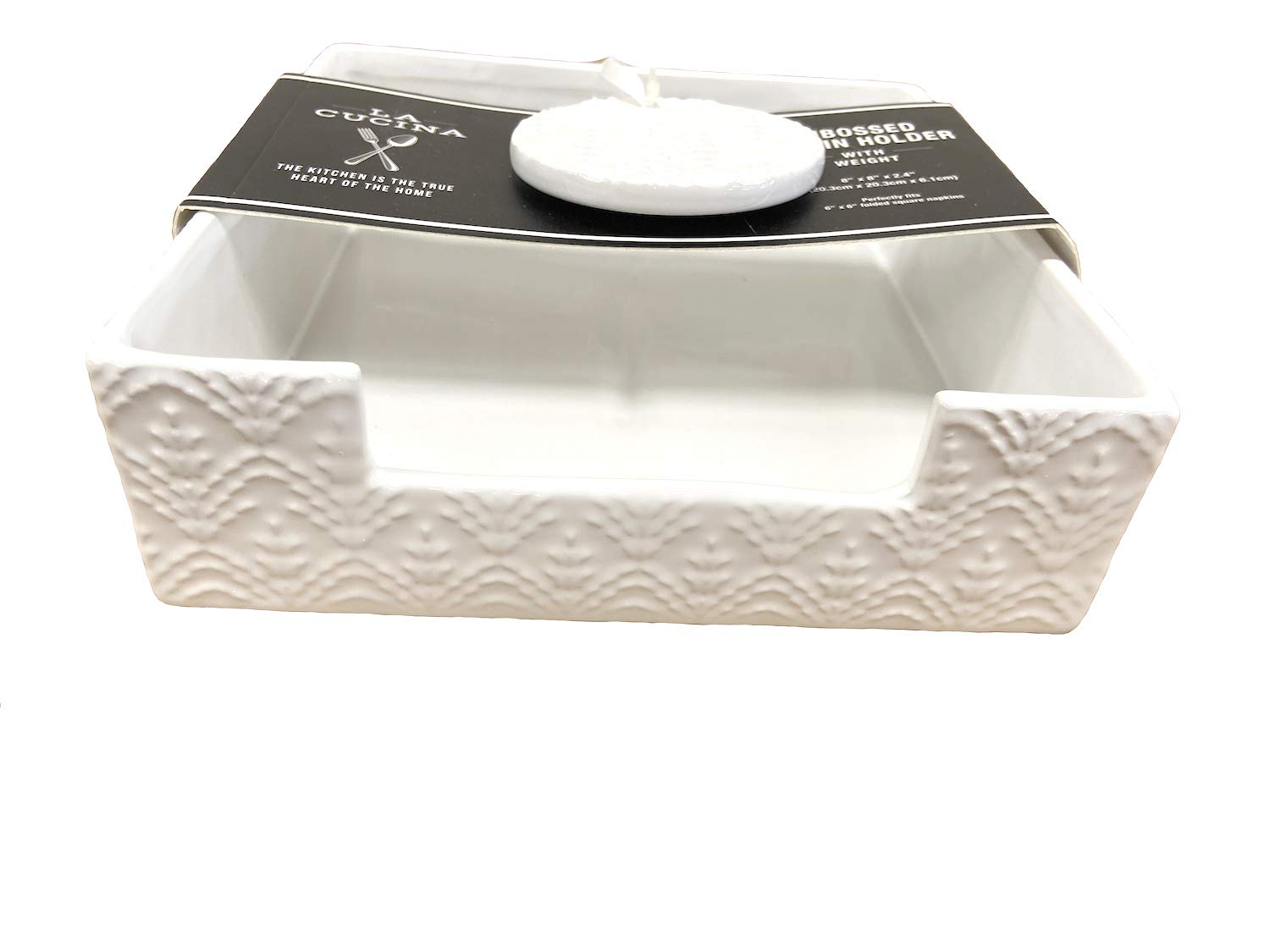 White Ceramic Napkin Holder with Weight, Dinner, party, cocktail napkins to 7x7 inches. Plaza Collection.
