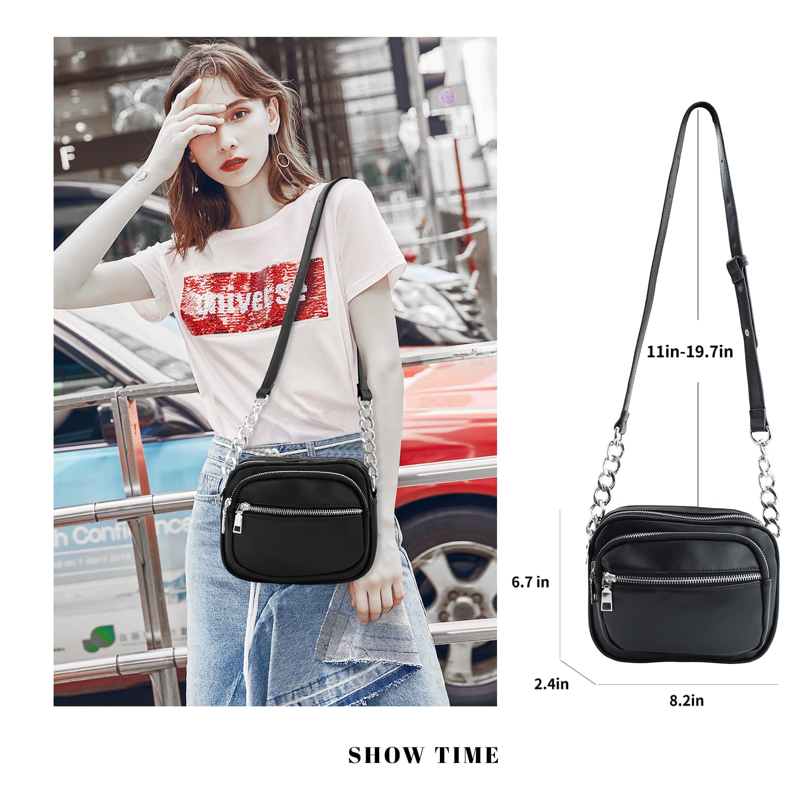 Whale Power Small Crossbody bags for Women Black Shoulder Purse With 4 Zipper Pockets