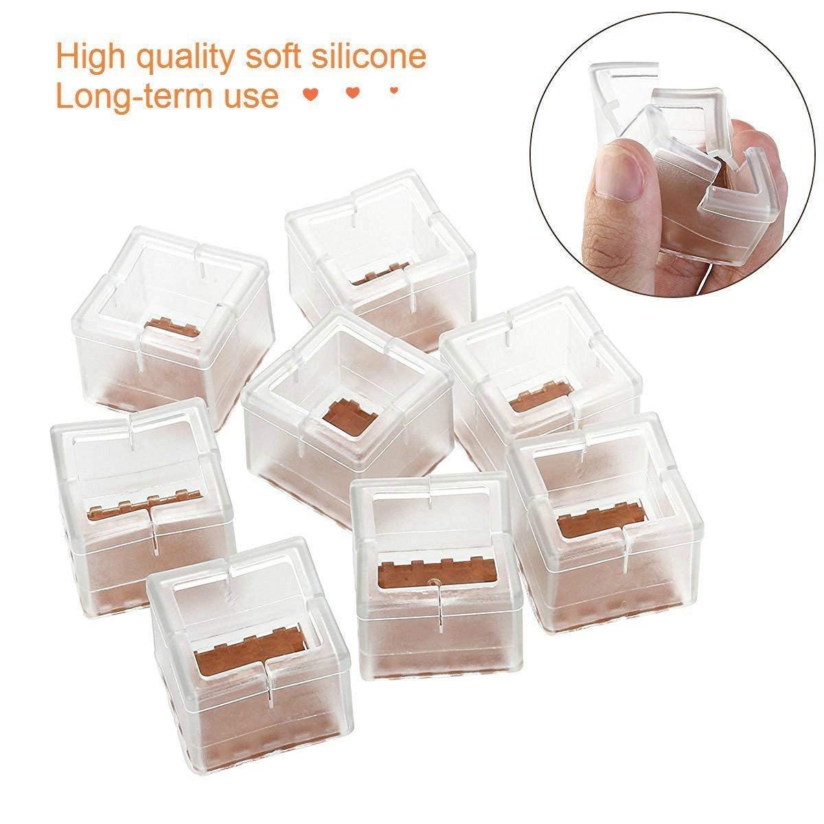 TEKEFT Chair Leg Wood Floor Protectors Flexible Silicone Square 1-1/8" to 1-3/8" Clear (24 pack）