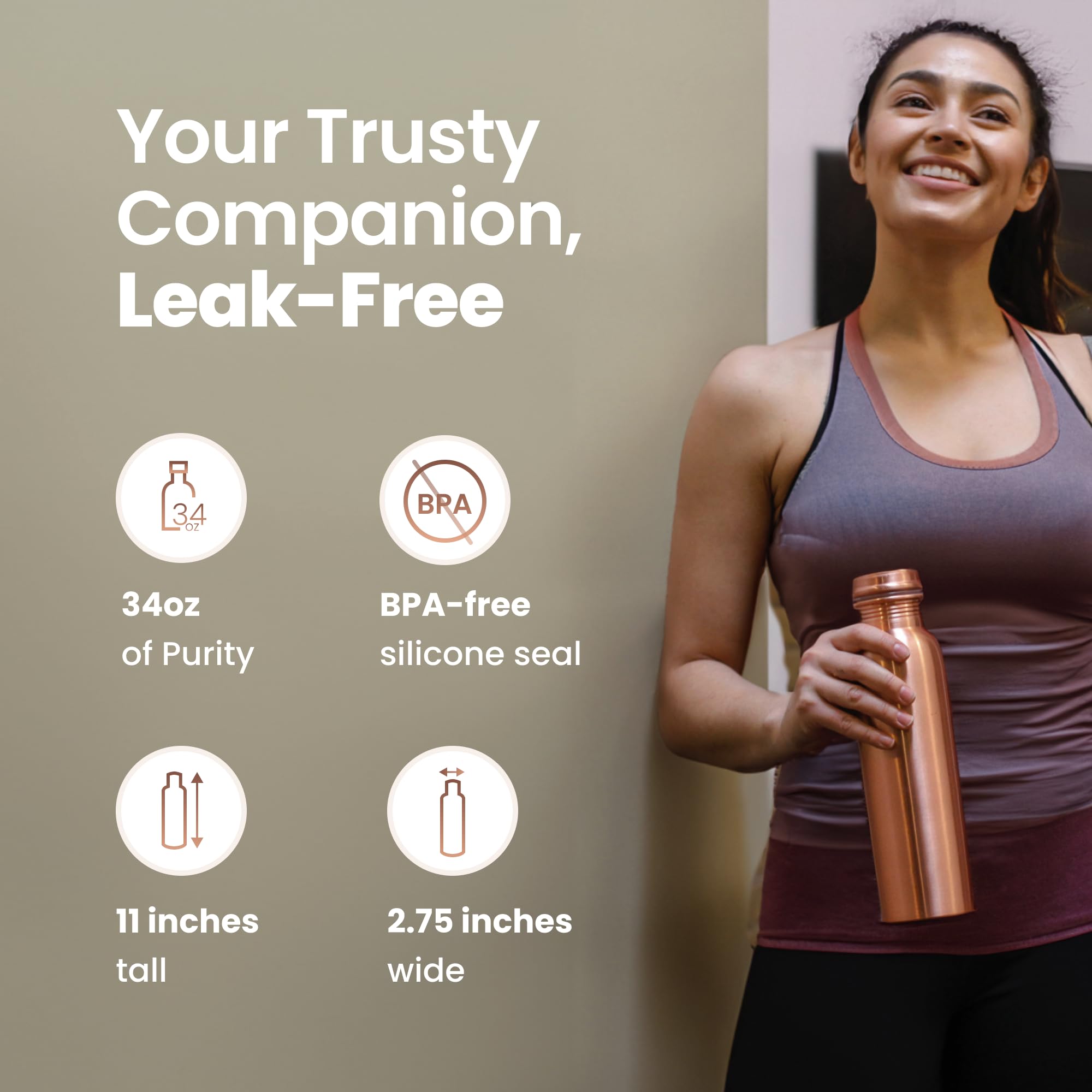 Otiem 34oz Pure Copper Water Bottle for Drinking β Large Handcrafted Ayurvedic Copper Water Bottle, Leak Proof Lid β Smooth Finish Copper Bottle Water Vessel β 100 Copper Drinking Water Bottle 34 Oz