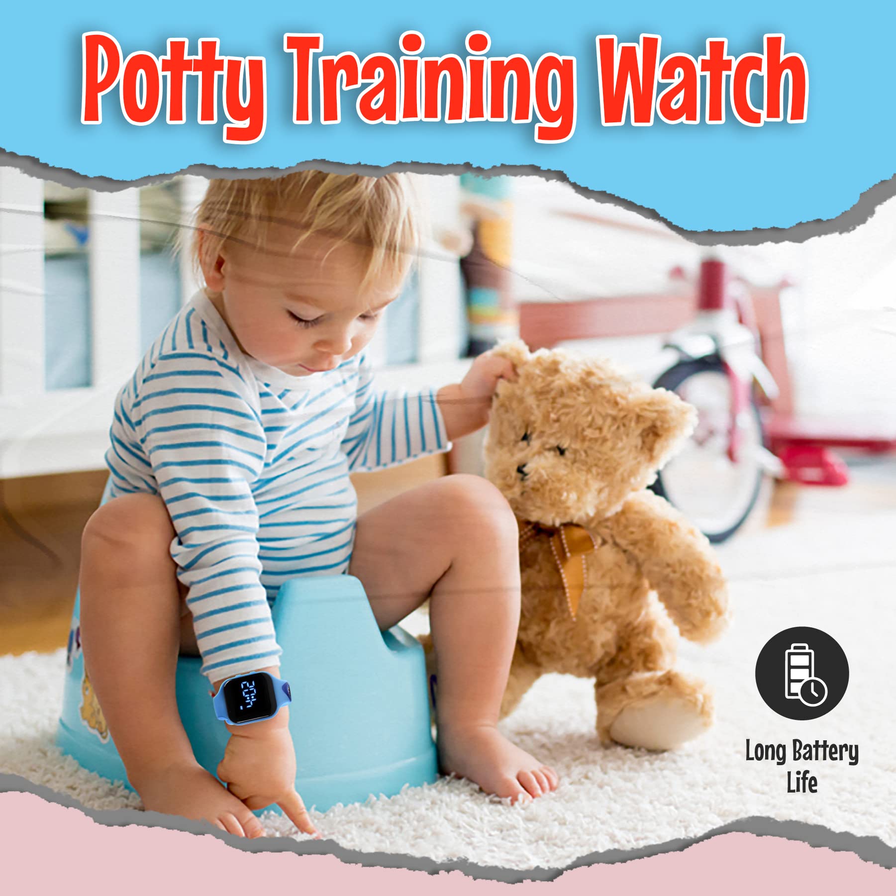 Potty Training Wrist Potty Watches for Toddler Boys | Water Resistant Timer Watch for Boys Blue Shark Baby Band | Rechargeable Potty Training Count Down Alarm Timer