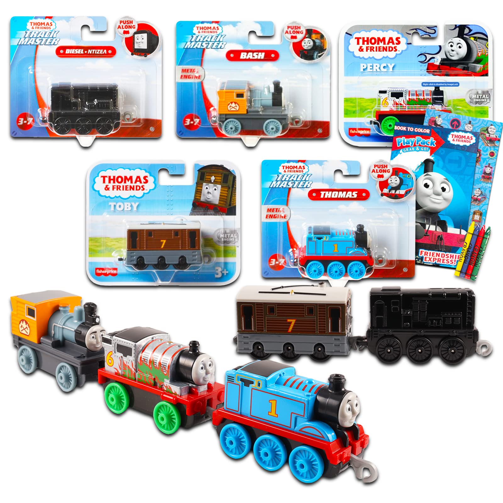 Thomas The Train and Friends Trains Set - 5 Pc Bundle Featuring Thomas, Diesel, Percy, Bash, and Toby Plus Thomas Play Pack with Coloring Pages and Stickers (Thomas The Train Toys)