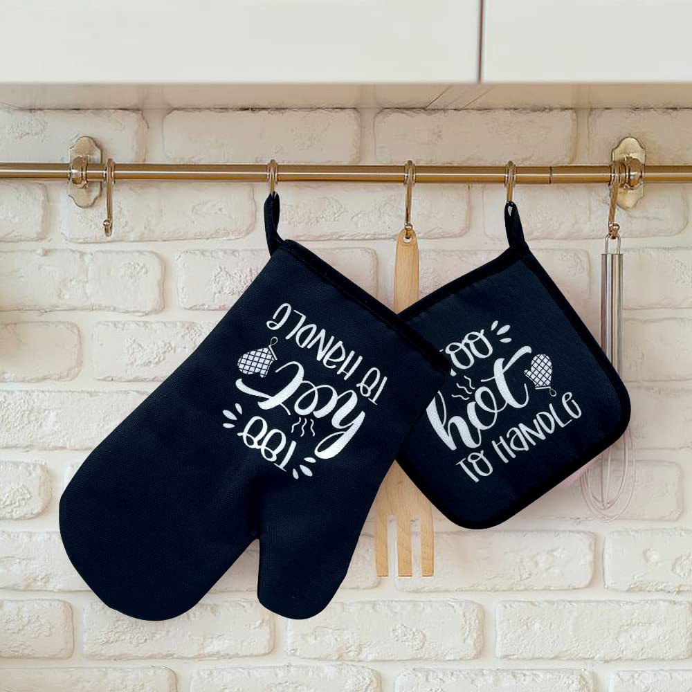Too Hot to Handlg,Oven Mitts and Pot Holders Sets of 2,Funny Oven Mitt,Silicone Non-Slip Oven Mitts,Cute Housewarming Gift,Perfect for Kitchen,Cooking,Baking,Grilling