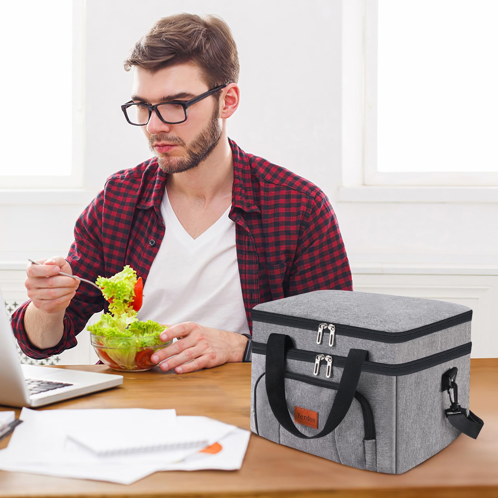 Yerdos Lunch Bag Women Insulated Lunch Box for Men, Light Durable Tote Bag with Adjustable Shoulder Strap for Office Work Picnic Hiking Beach Fishing-(Dark Grey)