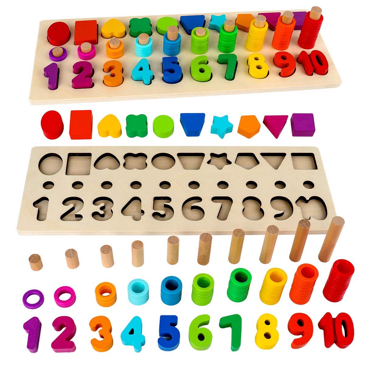 Sendida Montessori Math Shapes Puzzle Toys - Toddlers Stacking Wood Blocks Number Toys Stacking Shape Sorting Toys Early Learning Toys for Kids Preschool Counting