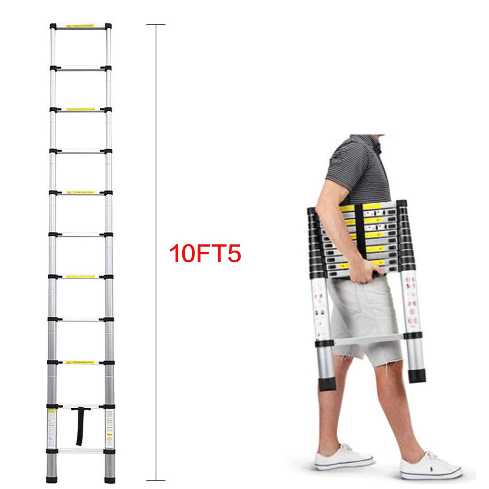 Telescoping Ladder 10.5ft/3.2M Multi Function Aluminum Staright Ladders Retractable Easy to Carry Collapsible for Decoration Household Daily Office Emergency - 330lbs Capacity Silver