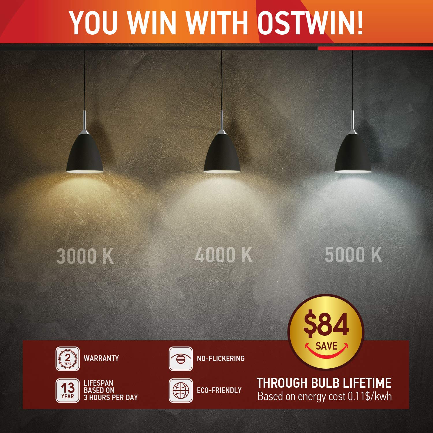 OSTWIN 9W LED Light Bulb 60 Watt, E26 Light Bulb, A19 5000k Daylight, 800 Lumens, CRI80 Daylight, Non-Dimmable, UL Listed 6 pack