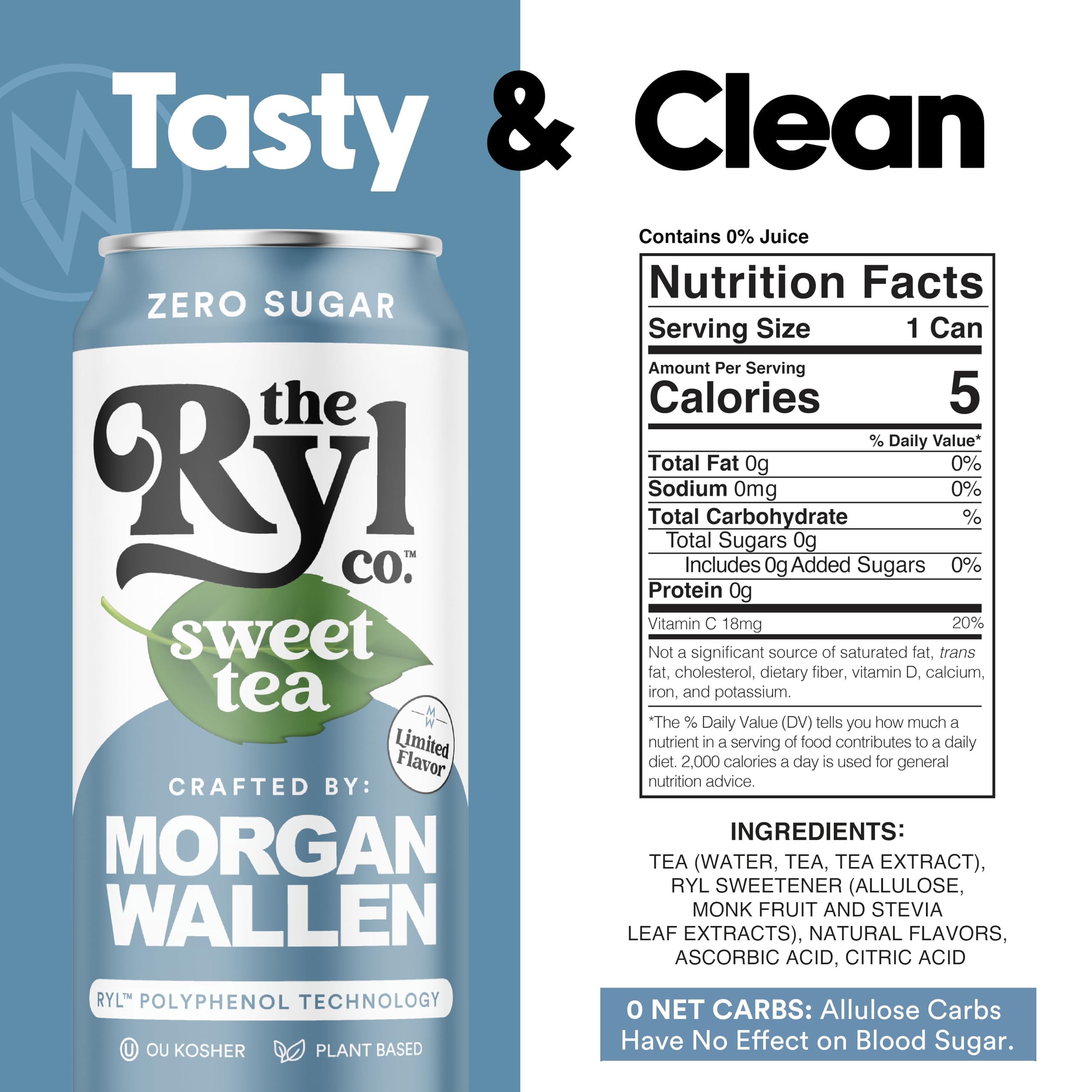 Ryl Iced Tea, Wallen's Sweet Tea, Antioxidant Superblend, Zero Sugar, Zero Carb, Low Calorie Iced Tea, 16.0 Fl Oz (12-Pack)
