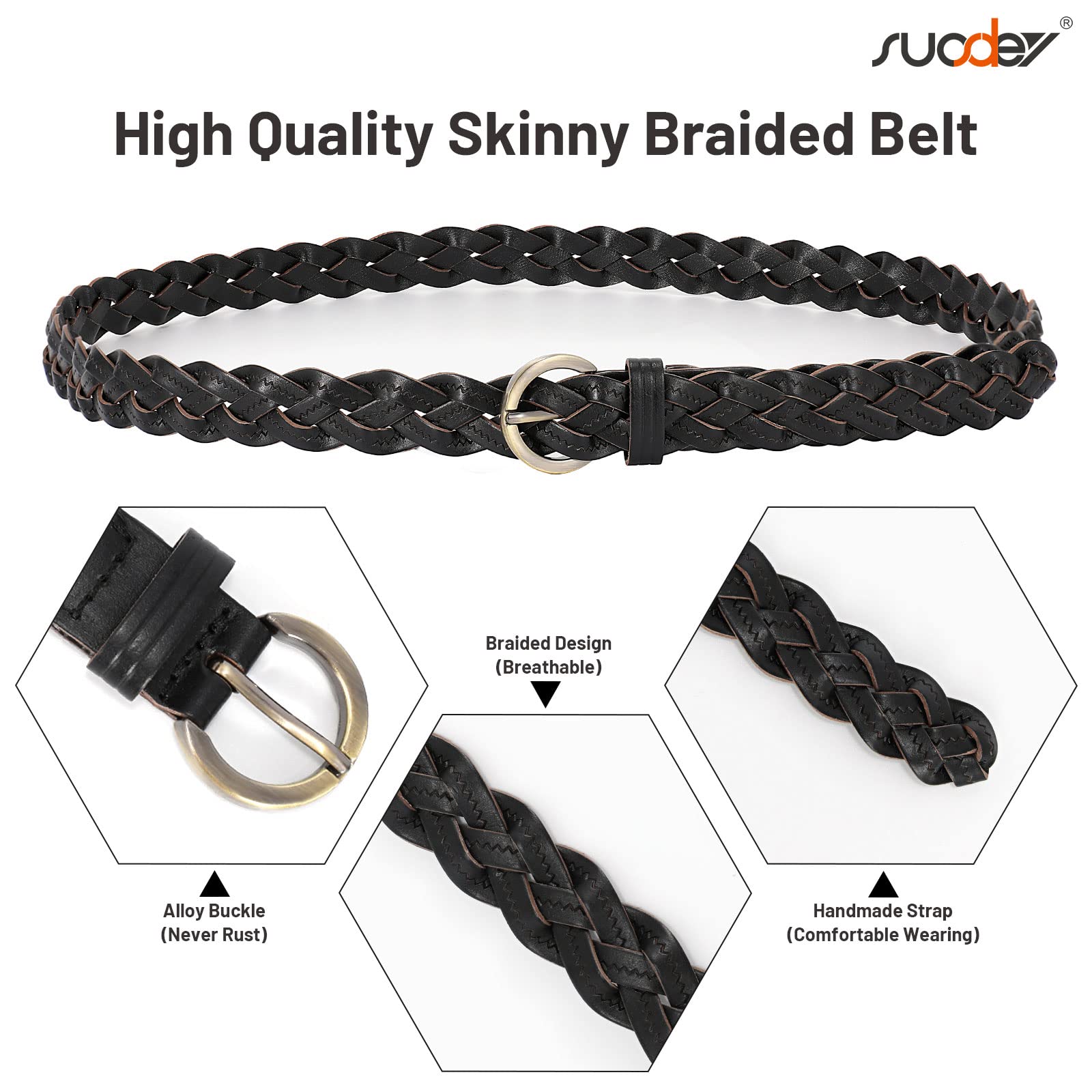 SUOSDEY 3 Pack Skinny Braided Leather Belts for Women, Thin Woven Waist Belts for Jeans Dresses,black brown white belts
