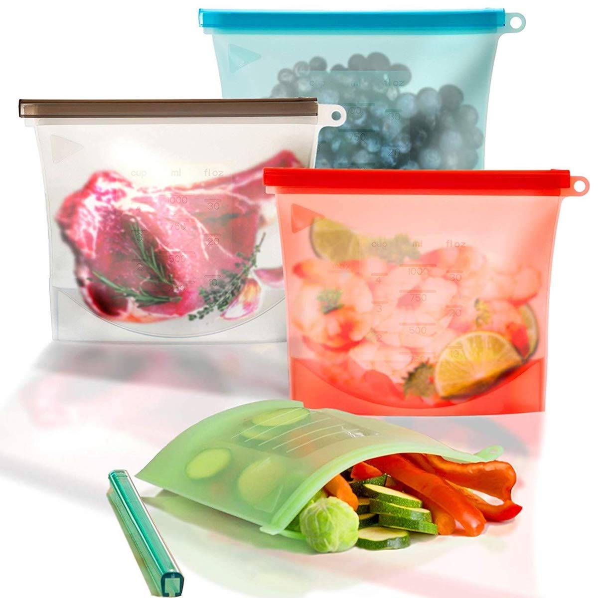 WeTest Silicone Reusable Food Bag for Sandwich,Fruit,Meat,Juice,Lunch,Snack Storage,Food Grade,Microwave Dishwasher Freezer Safe,Leakproof,1 Litre,4-Pack(Pink,Green,Blue,White) (Silicone Food Bag)