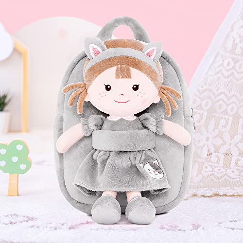 Onetoo Toddler Backpack Kids Backpacks with Soft Plush Baby Dolls Gray Cat 9.5"