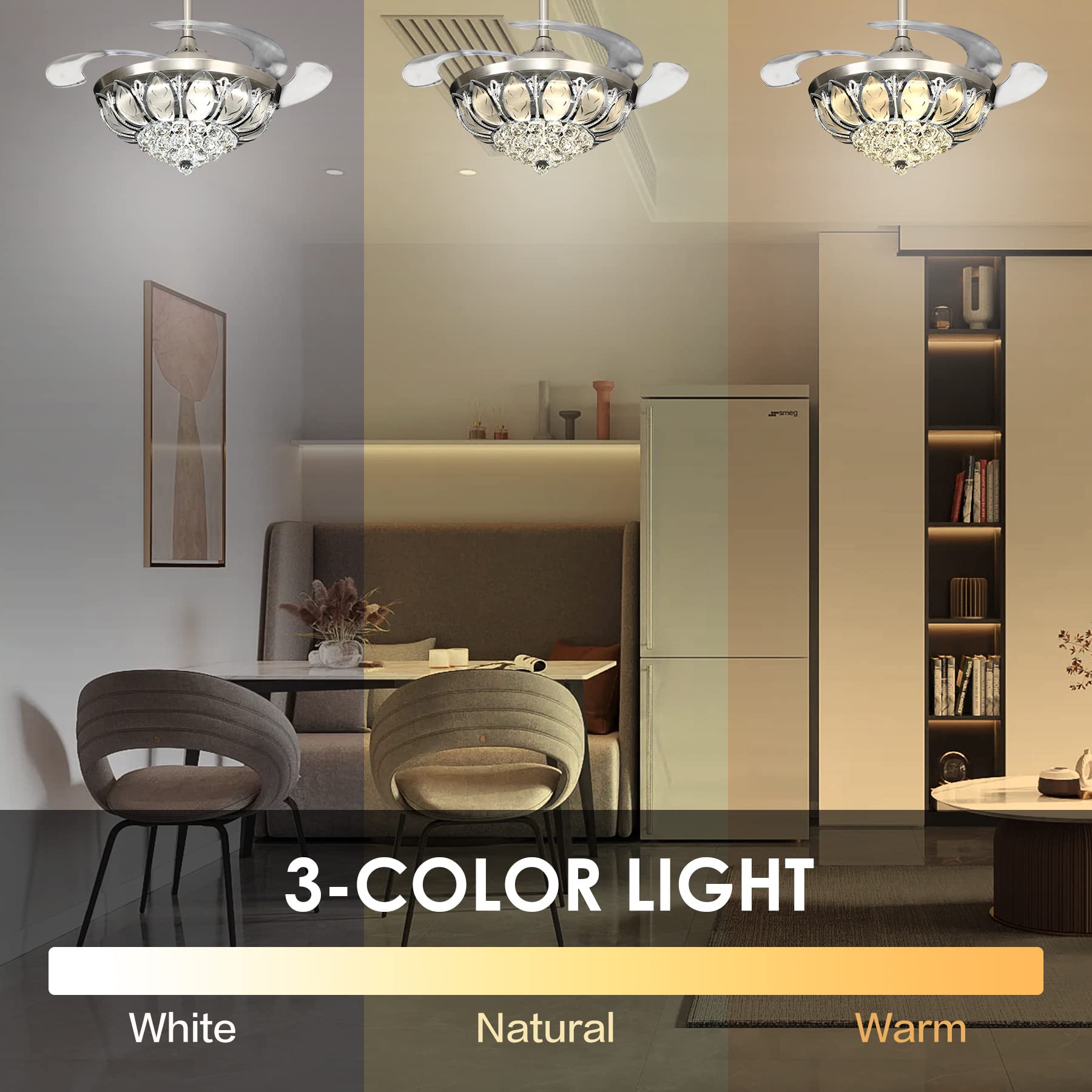 Ridgeyard 42" Crystal Ceiling Lamp Fan Light 3 Light Color LED Fan Chandelier Decorative Pendant Light with 4 Invisible Retractable Blades and Remote Control（Silver