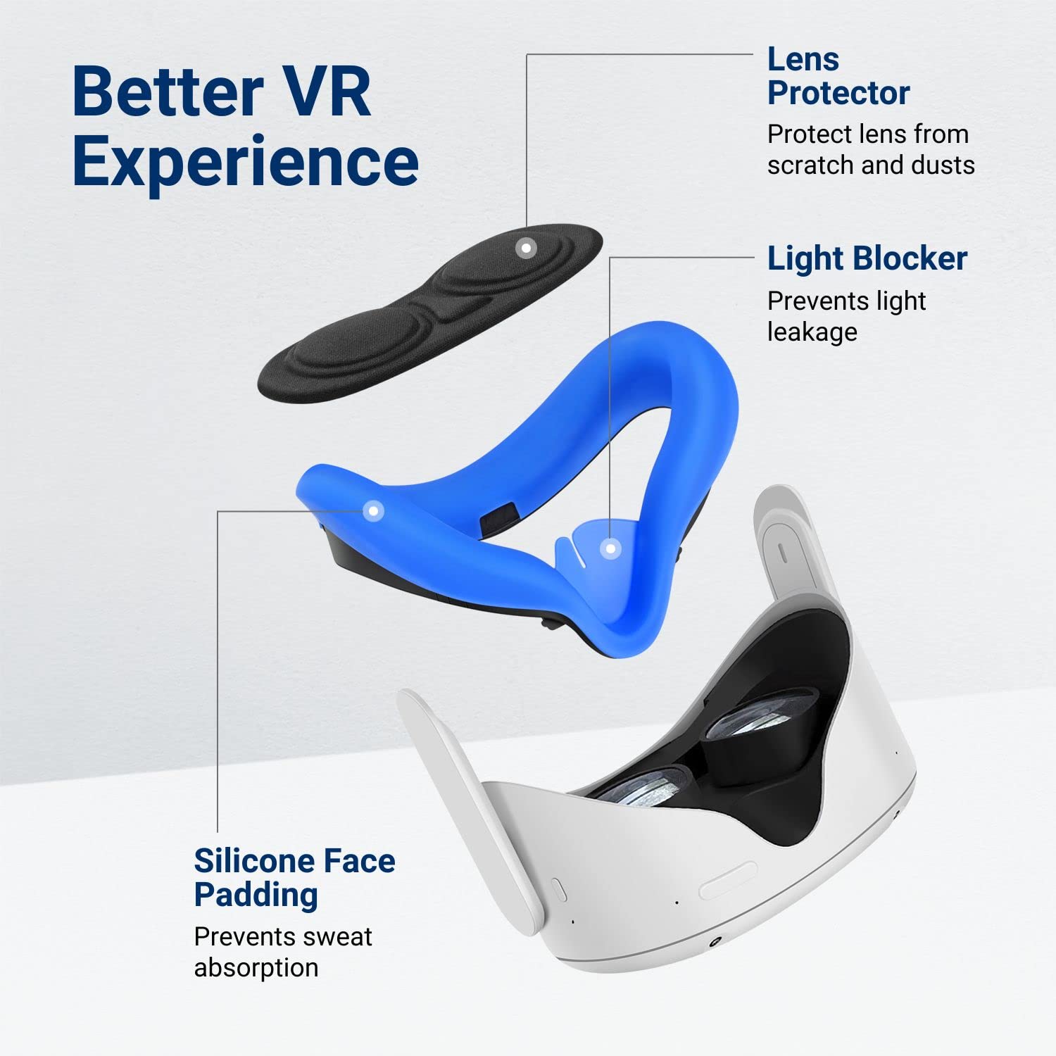 TNP VR Face Cover and Eye Cover for Meta Oculus Quest 2 Face Cushion with Nose Light Blocker - Sweat Guard Silicone Cover for Oculus Quest 2 Face Pad, Blue