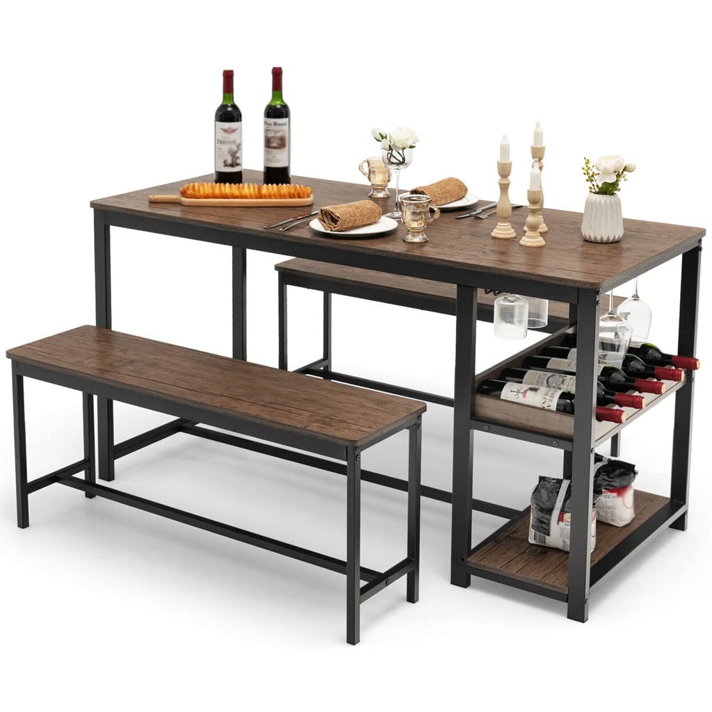 MJWDP 3 Piece Dining Table Set for Kitchen Table and 2 Bench Storage Compartments with Wine Rack