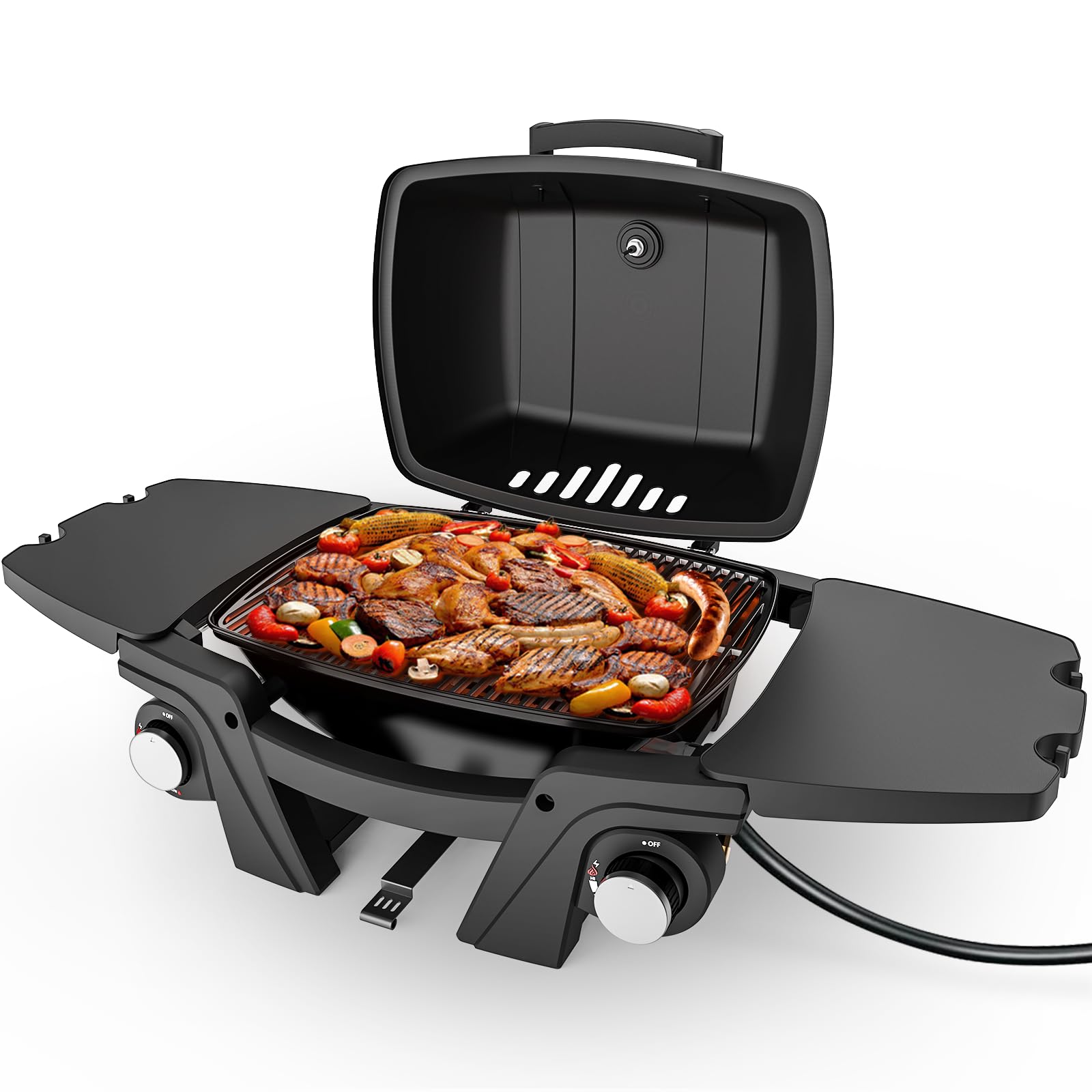 Propane Gas Grill with 2 Burner, Portable Outdoor Tabletop Camping Grill BBQ with Folding Sides, 24000 BTU, Gas Hose, Built in Thermometer, Black