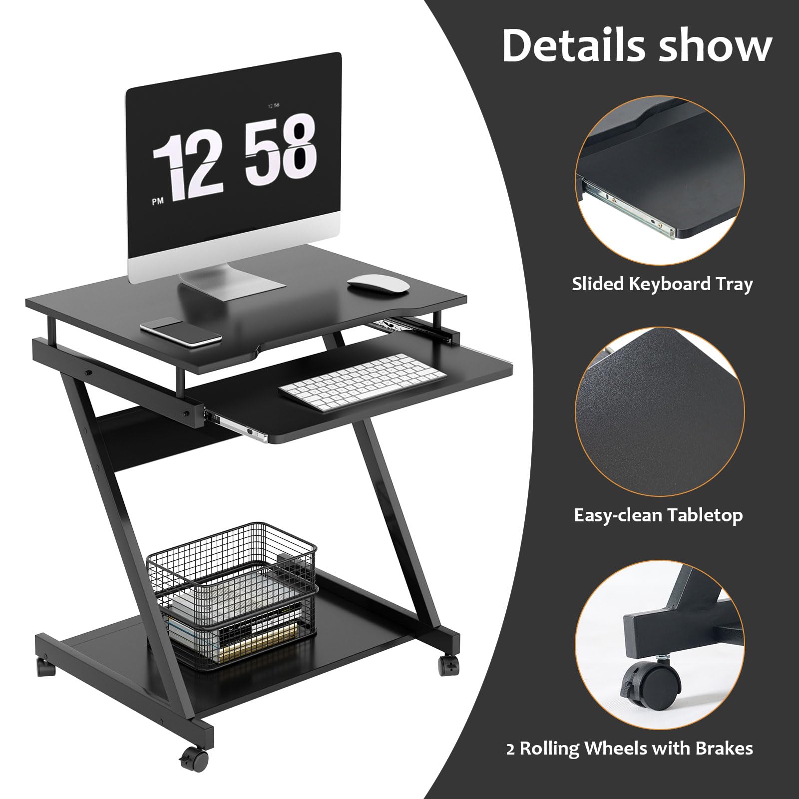 soges Small Rolling Computer Desk, Z Shape Laptop Desk Cart on Wheels, Mobile Computer Workstation for Home and Office with Keyboard Tray, Black