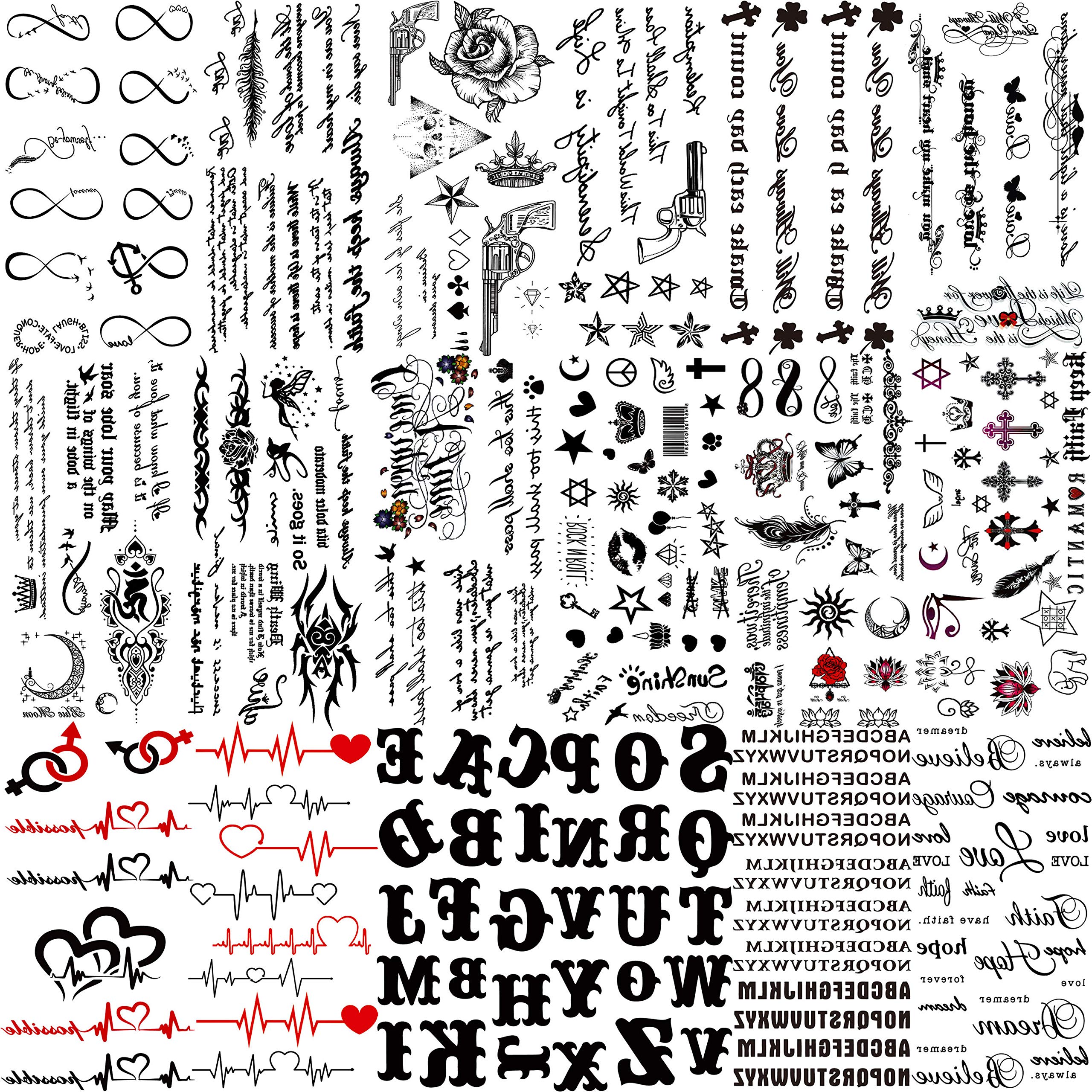 TASROI 18 Sheets Black Inspired Quotes Temporary Tattoos For Women Kids Children Long Lasting Letter Alphabet Words Fake Tattoo Stickers Birds Cross ECG infinity Moon Star Neck Arm Tatoo For Men Adult