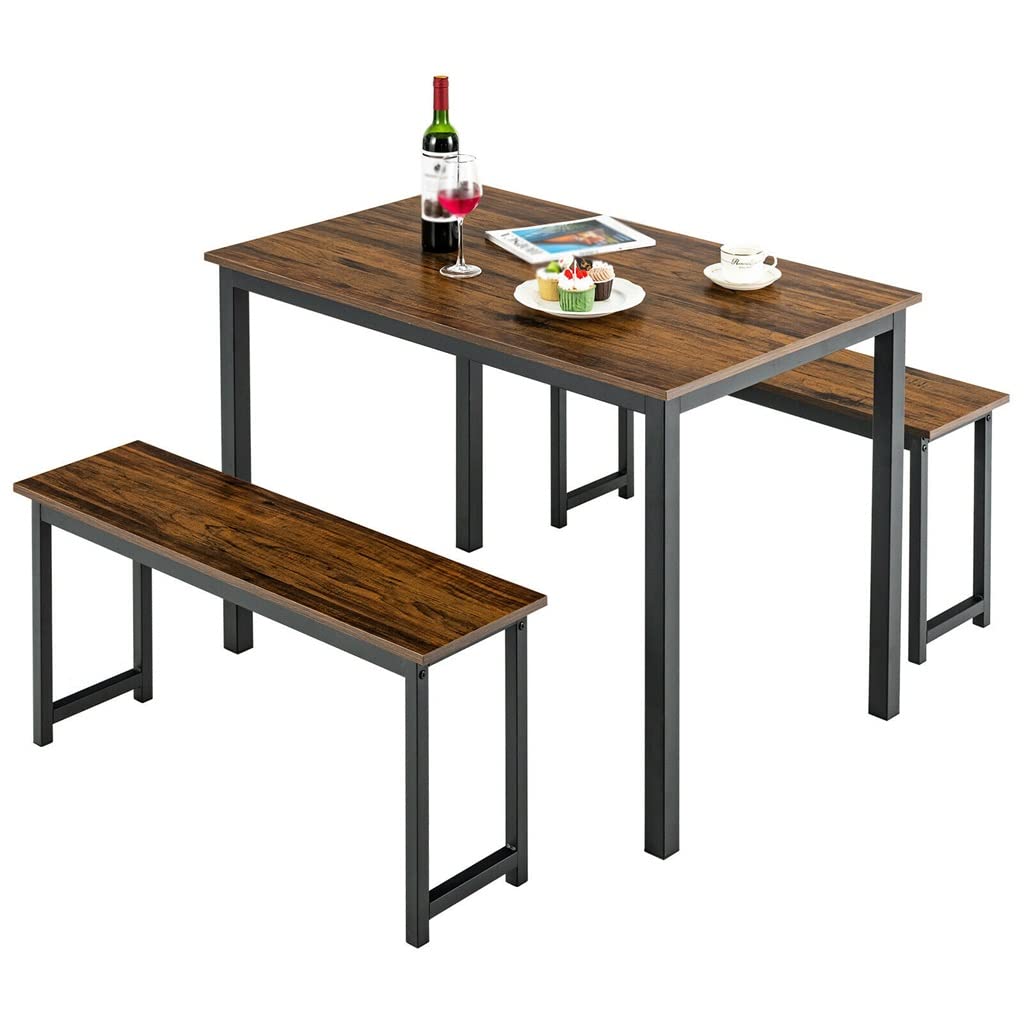MJWDP 3 Piece Dining Table Bench Set with Wooden Top and Metal Frame Furniture Set