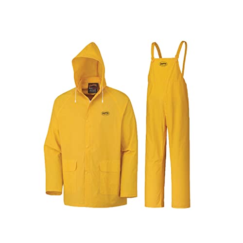Pioneer Waterproof PVC Work Suit for Men â Repel Rain Gear Yellow Safety Jacket and Bib Pants - 3 PC Set With Detectable Hood