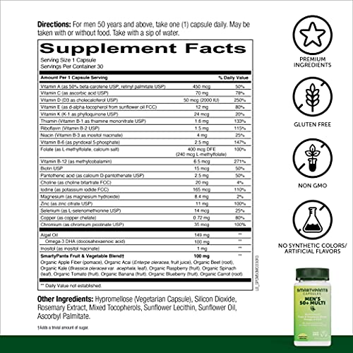 SmartyPants Multivitamin for Men 50+: Omega-3 DHA, Zinc for Immunity, Vitamins D3, C, B6, B12, Vitamin A for Eyes, Folate, Selenium, One Per Day, 30 Capsules, 30 Day Supply