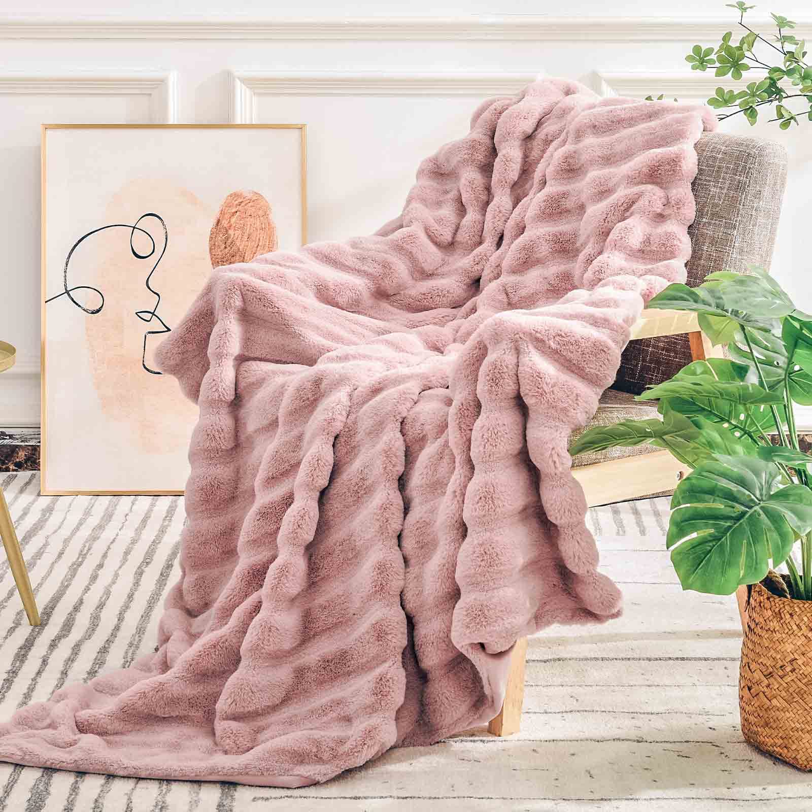 NEXHOME PRO Faux Fur Throw Blanket Pink, Luxury Soft Decorative Cozy Plush Long Shaggy Fluffy Blanket for Sofa Couch Bed Living Room, Reversible Puffy Thick Warm Blanket for Winter, 50"X60"