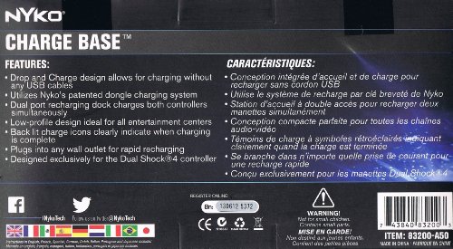 Nyko Charge Base - PlayStation 4 with a Modern and Simple Drop and Charge Design, Dual Patented Dongle Charging Port, Includes a USB and Wall Mount for Super Fast Charging of PS4, PS4 Pro and PS4 Slim Controllers