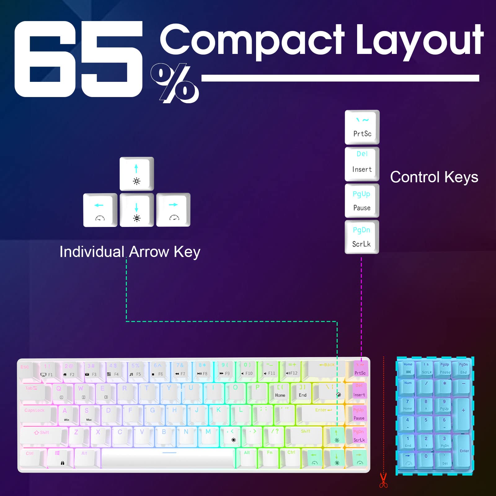 RK ROYAL KLUDGE RK68 (RK855) Wired 65% Mechanical Keyboard, RGB Backlit Ultra-Compact 60% Layout 68 Keys Gaming Keyboard, Hot Swappable Keyboard with Stand-Alone Arrow/Control Keys, Brown Switch White